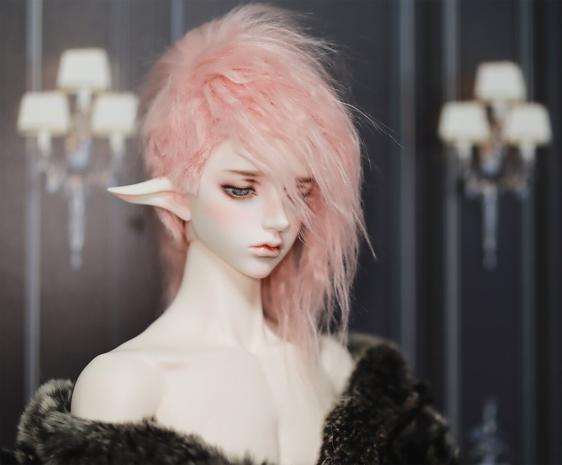 BJD Wig Two Block Semi-long Curled Indian Pink 9-10 8-9 Inch Synthetic ...