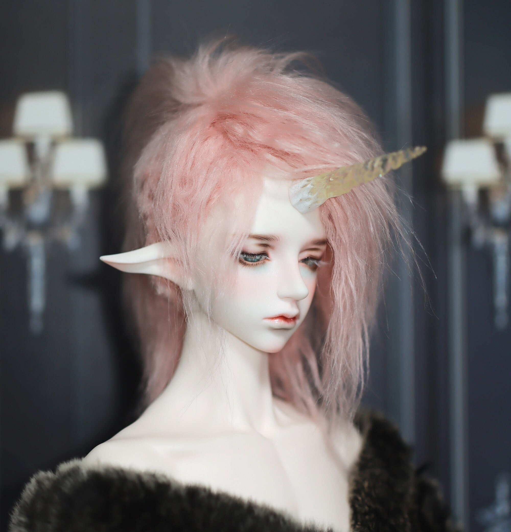 BJD Wig Two Block Semi-long Curled Indian Pink 9-10 8-9 Inch Synthetic ...