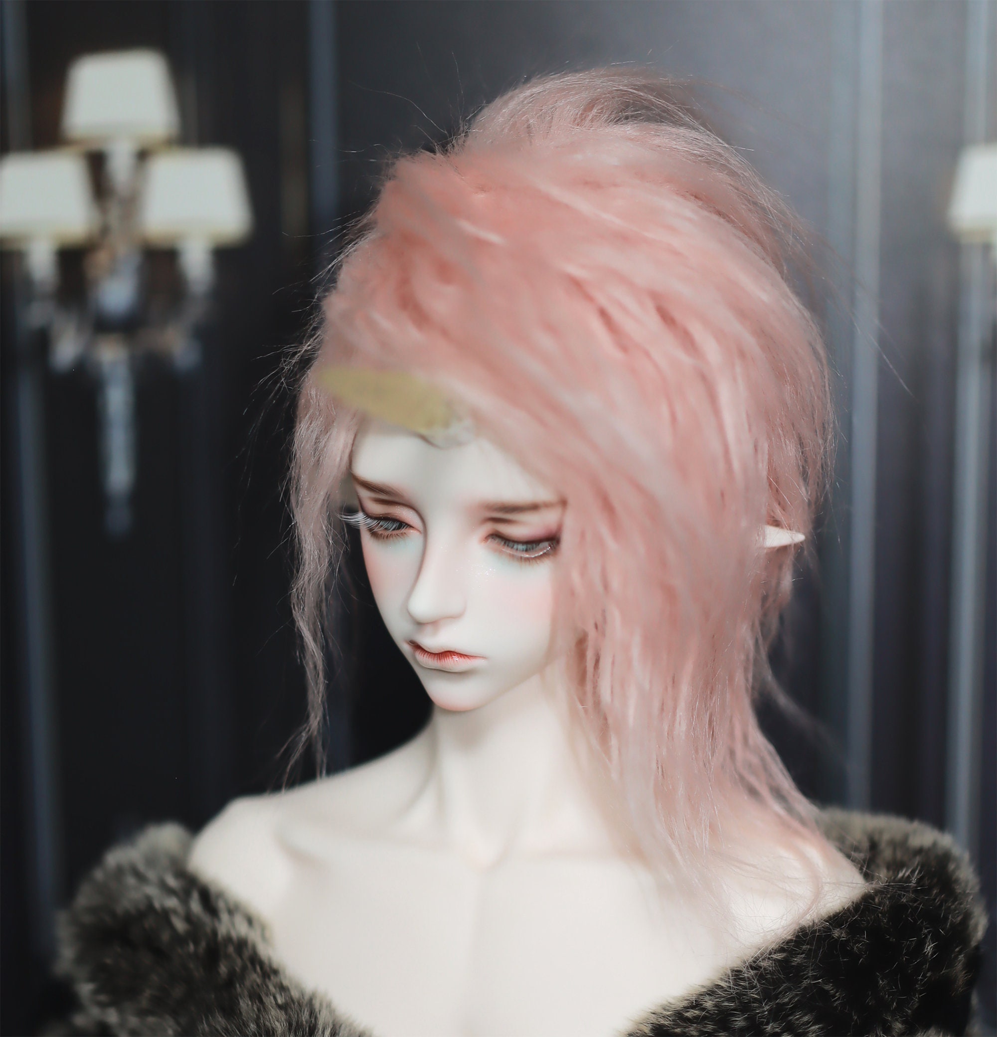 BJD Wig Two Block Semi-long Curled Indian Pink 9-10 8-9 Inch Synthetic ...