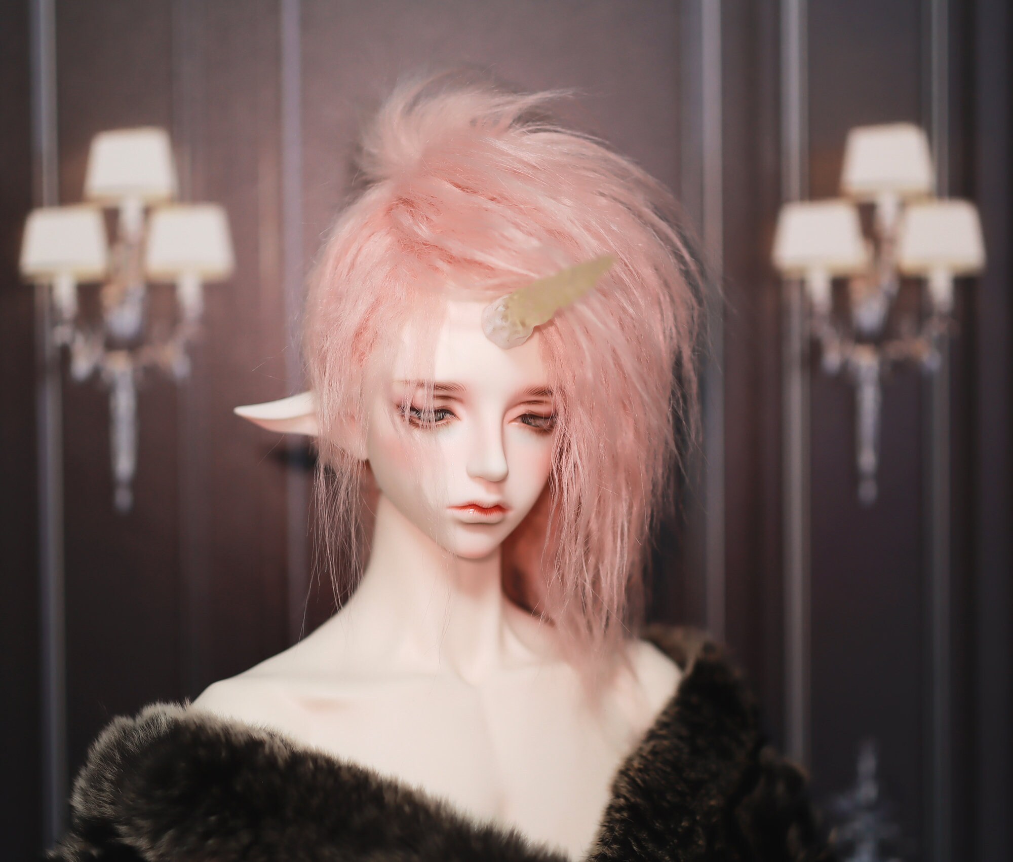 BJD Wig Two Block Semi-long Curled Indian Pink 9-10 8-9 Inch Synthetic ...