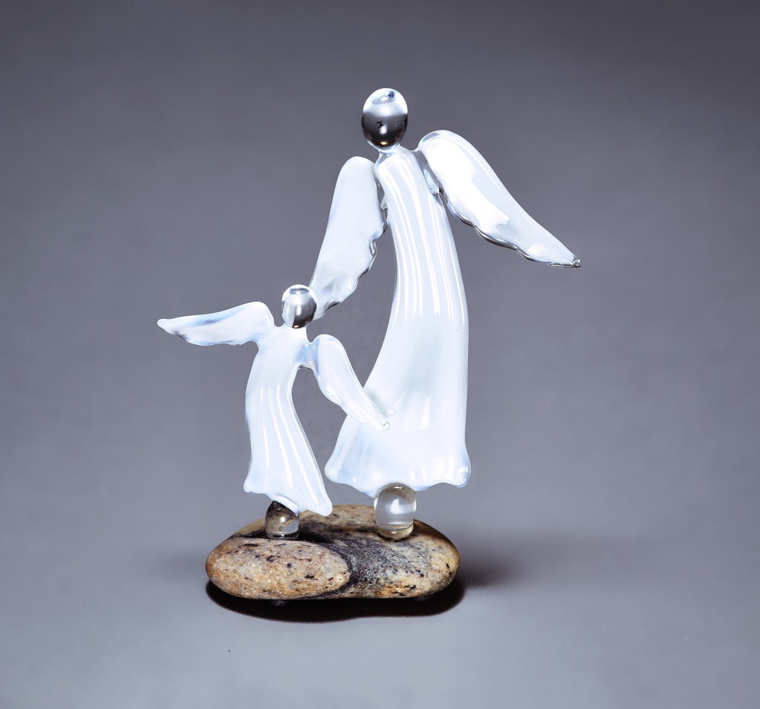 Two Glass Angels Statue on Sea Stone Base / Guardian Angel Sculpture ...