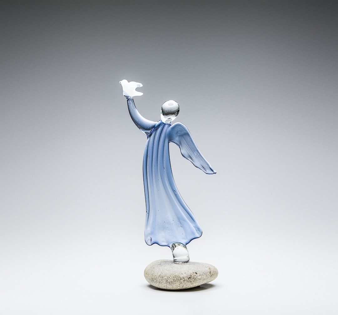 Blue Glass Angel Figurine With Bird / Gift for Mom / Memorial Angel ...