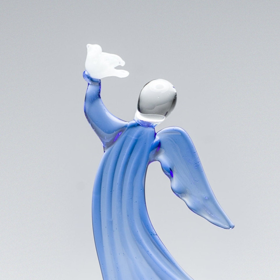 Blue Glass Angel Figurine With Bird / Bird Lover Gift / - Etsy