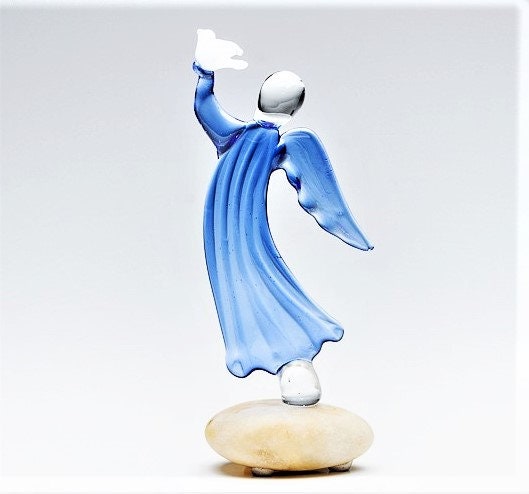 Blue Glass Angel Figurine With Bird / Bird Lover Gift / - Etsy