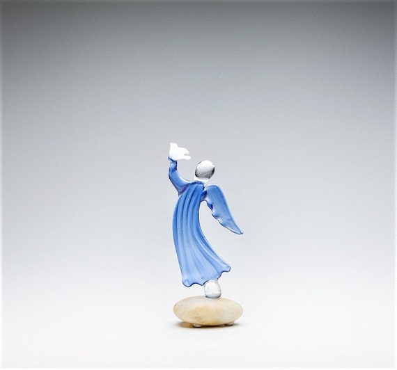 Blue Glass Angel Figurine With Bird / Bird Lover Gift / | Etsy