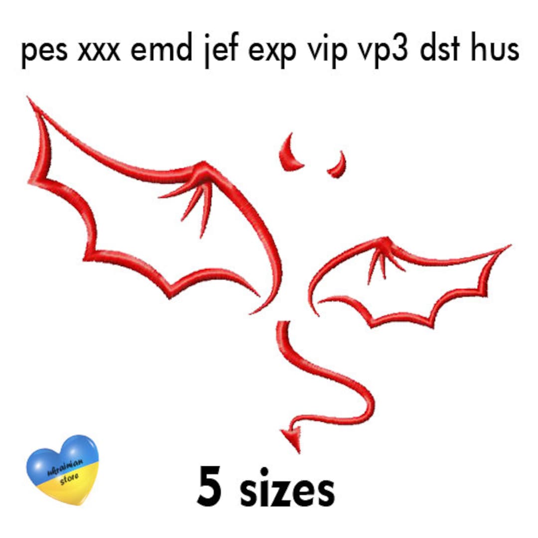 Devil Embroidery Design 5 Sizes Wings Horn Tail Monochrome - Etsy