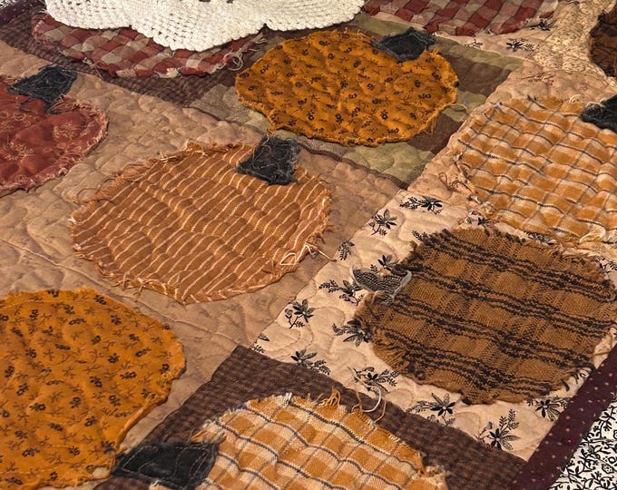 Primitive Fall Tea Dyed Pumpkin Quilt Frayed Wallhanging Cheri Payne 15 ...