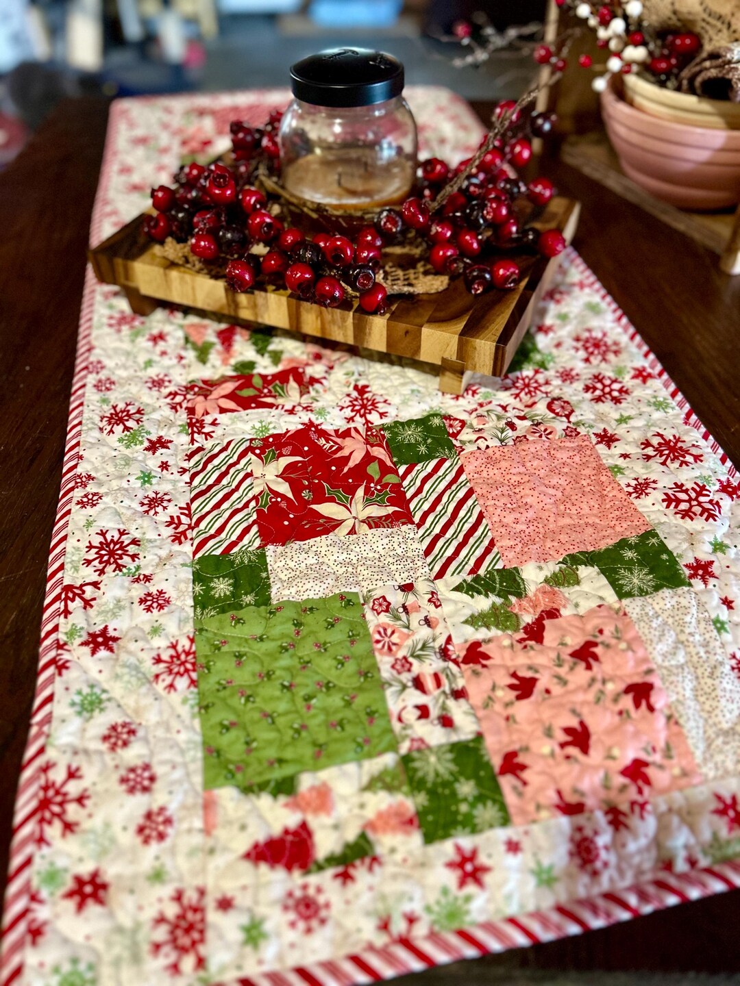 Christmas Candyland Quilt Tablerunner Whimsical Reds Greens and Pinks ...
