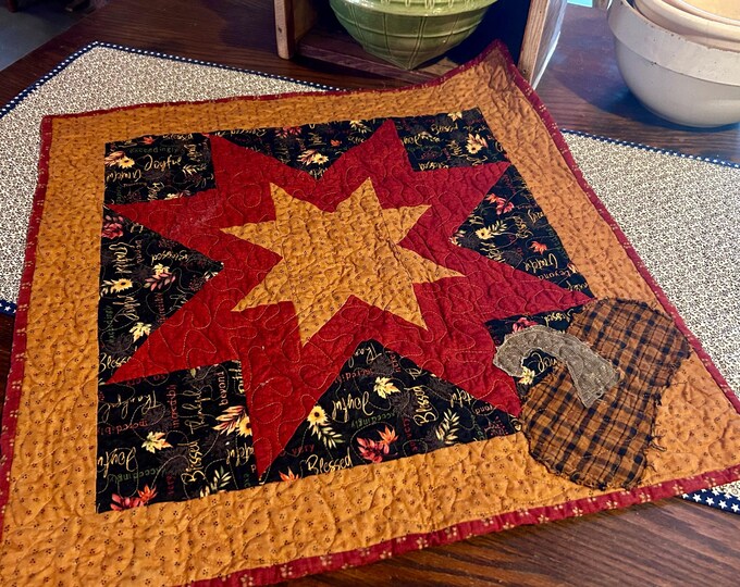 Fall Autumn Pieced Star Quilt With Primitive Frayed Homespun Pumpkin ...