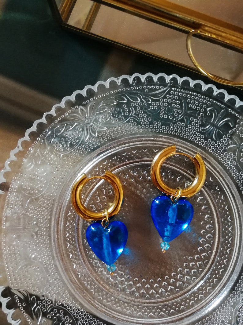 Murano Heart Hoops Aesthetic Hoops Gold Steel Heart Hoops - Etsy