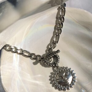 Silver Faced Sun Necklace, Statement Stainless Steel Chain Necklace ...