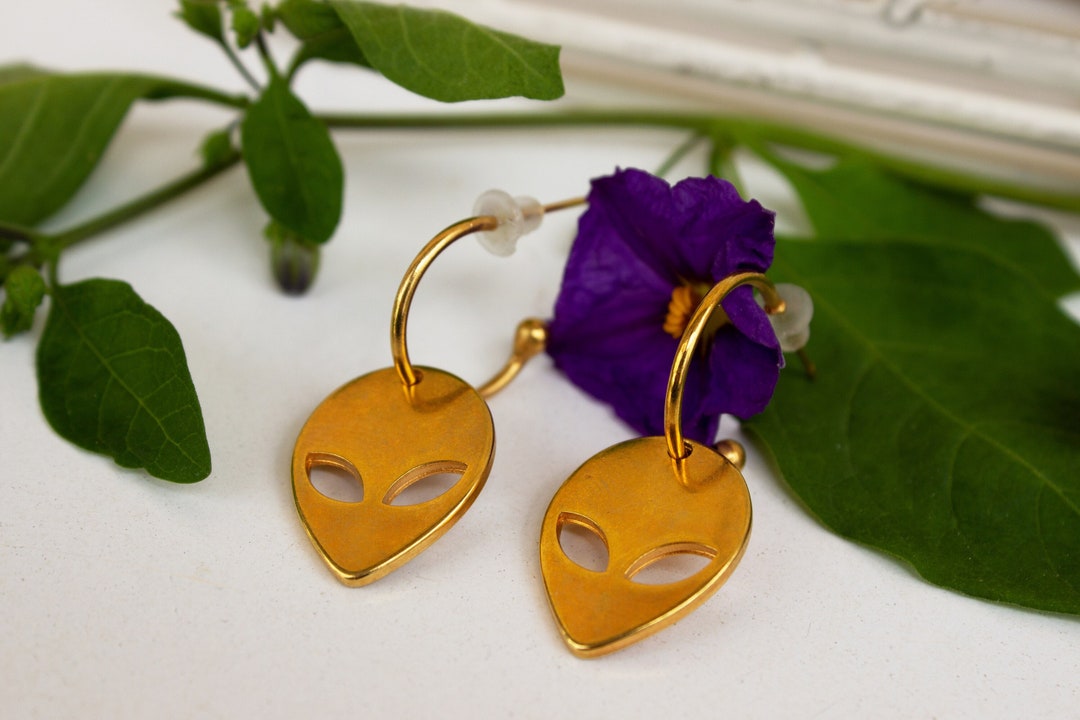Alien Face Earrings, Gold Alien Half Hoops, Outer Space Hoop Earrings ...
