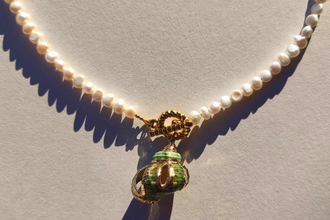 Greek Natural Seashell Mermaid Necklace, Real Green Shell Necklace With ...