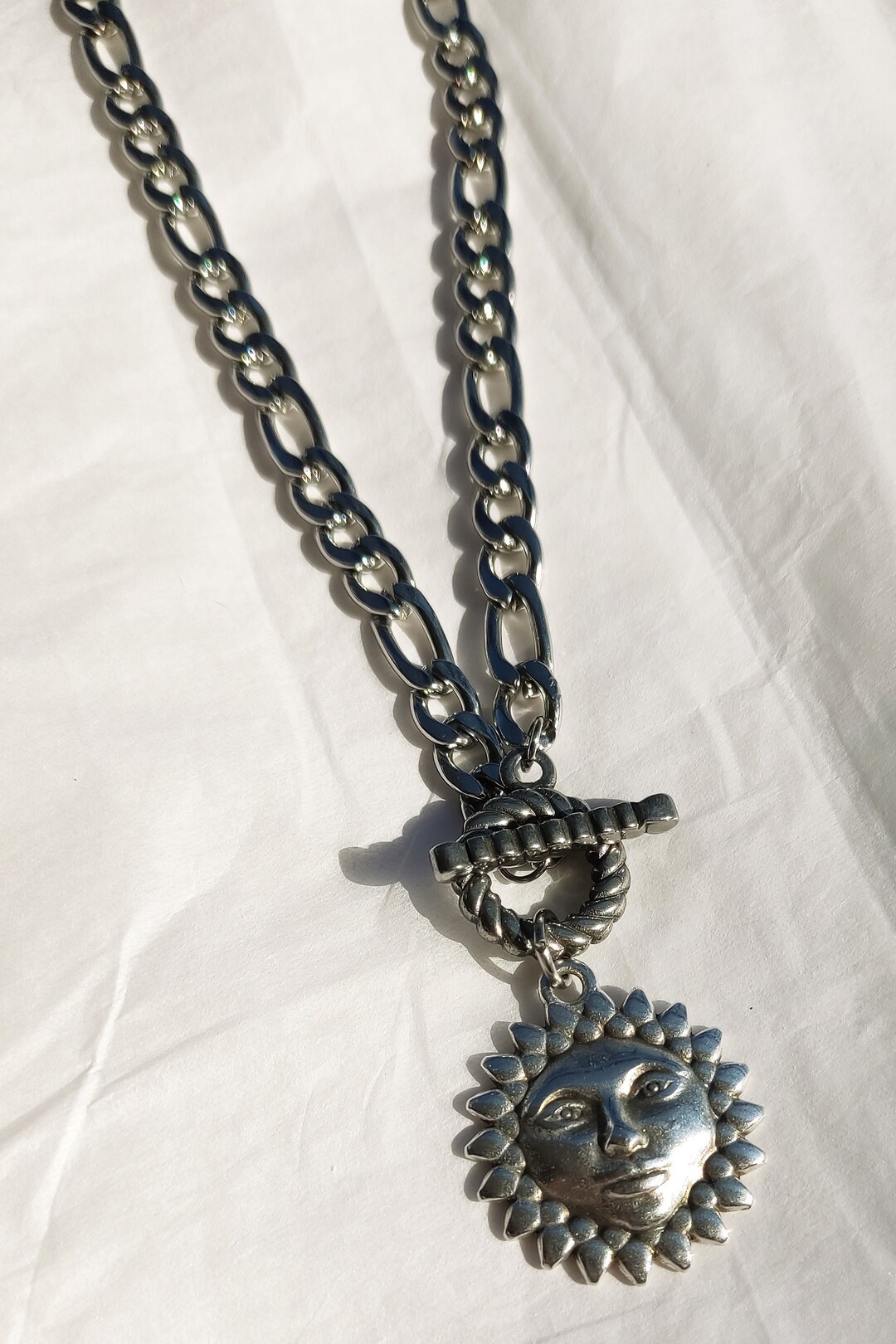 Silver Faced Sun Necklace, Statement Stainless Steel Chain Necklace ...