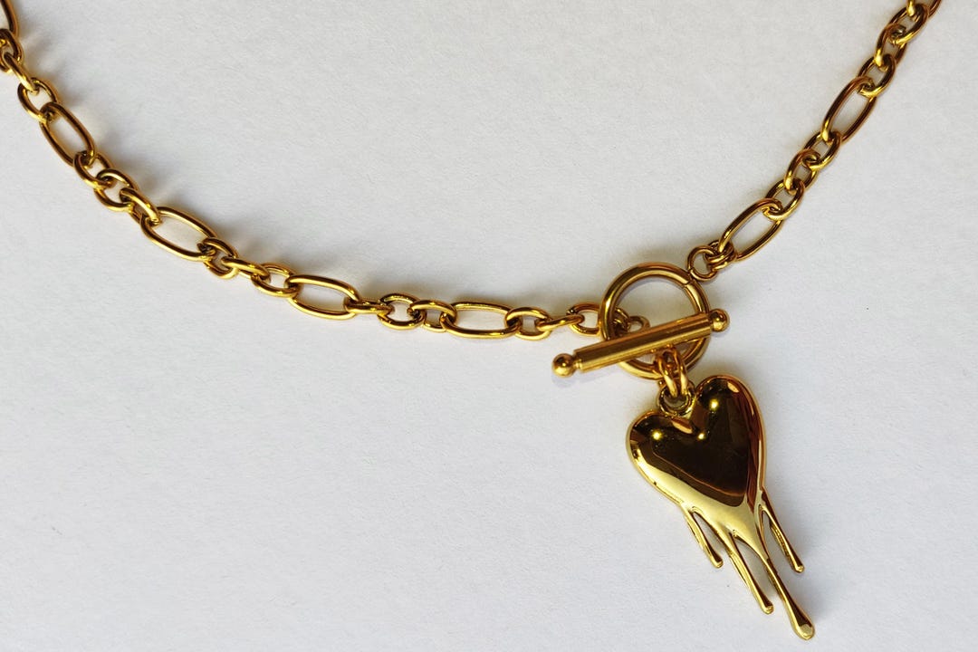 Gold Melting Heart Necklace, Statement Stainless Steel Chain Necklace ...