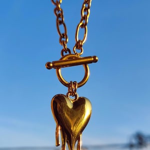 Gold Melting Heart Necklace, Statement Stainless Steel Chain Necklace ...