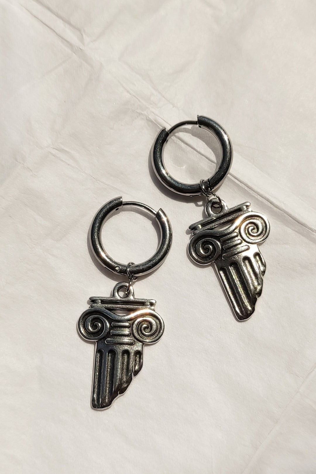 Greek Mythology Earrings, Aesthetic Column Charm Hoops, Thick Stainless ...