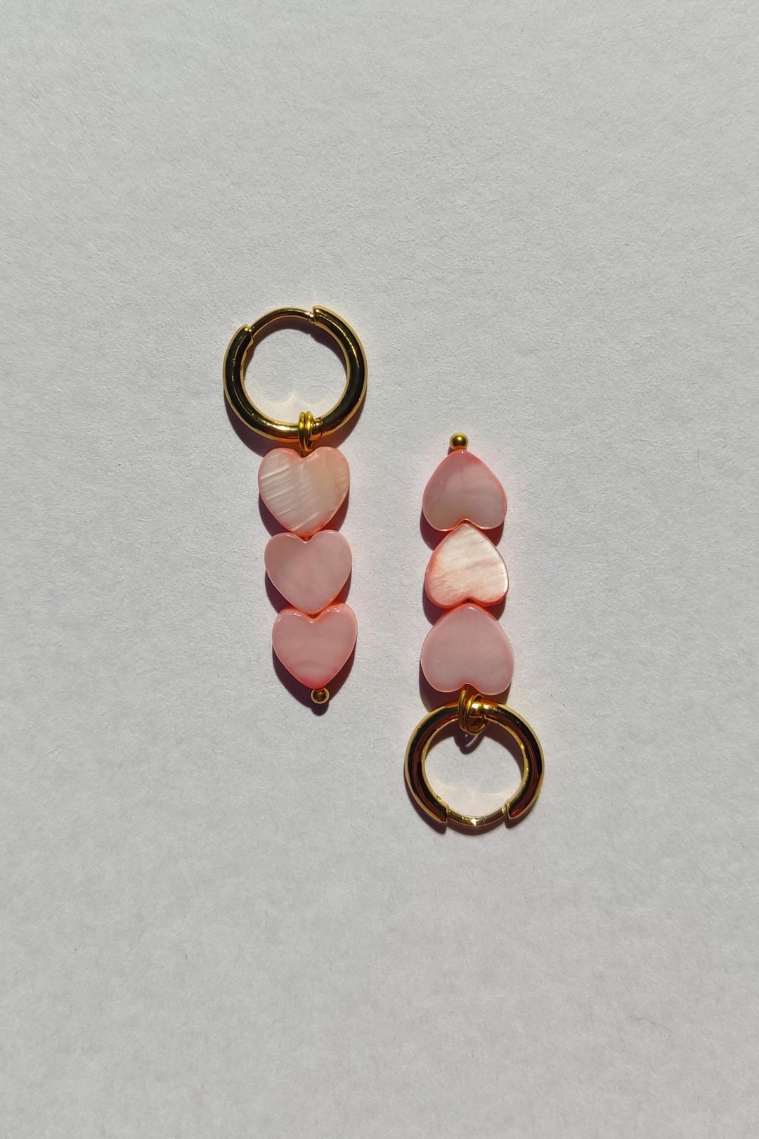 Light Pink Triple Heart Earrings, Mini Gold Stainless Steel Hoops ...