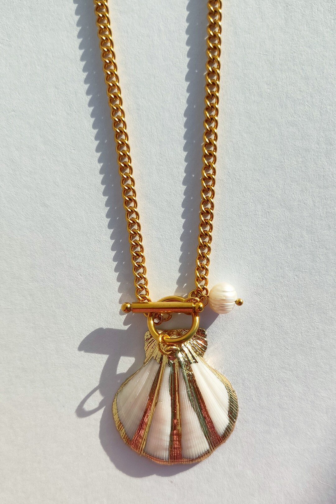 Off White Scallop Shell Necklace, Real Clam Shell Necklace, Gold Dipped ...