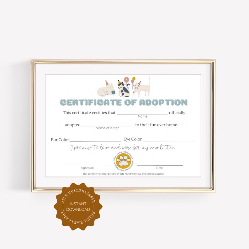 Certificate of Adoption DIGITAL DOWNLOAD, Kitten Birthday, Kitten Party ...