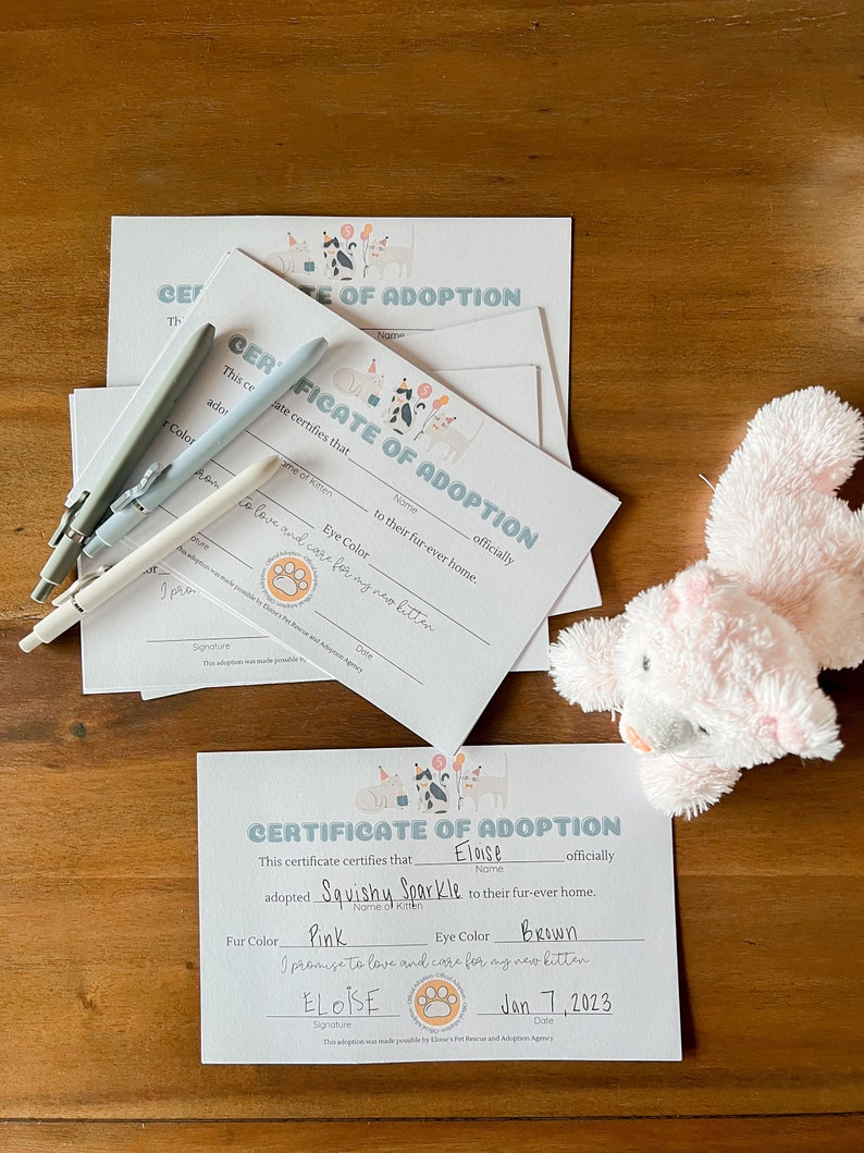 Certificate of Adoption DIGITAL DOWNLOAD, Kitten Birthday, Kitten Party ...