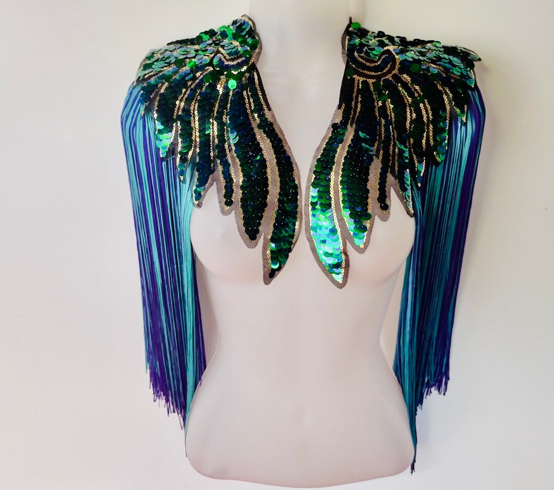Fringed Festival Epaulettes Sequin Wings Green & Purple Cosplay Harness ...