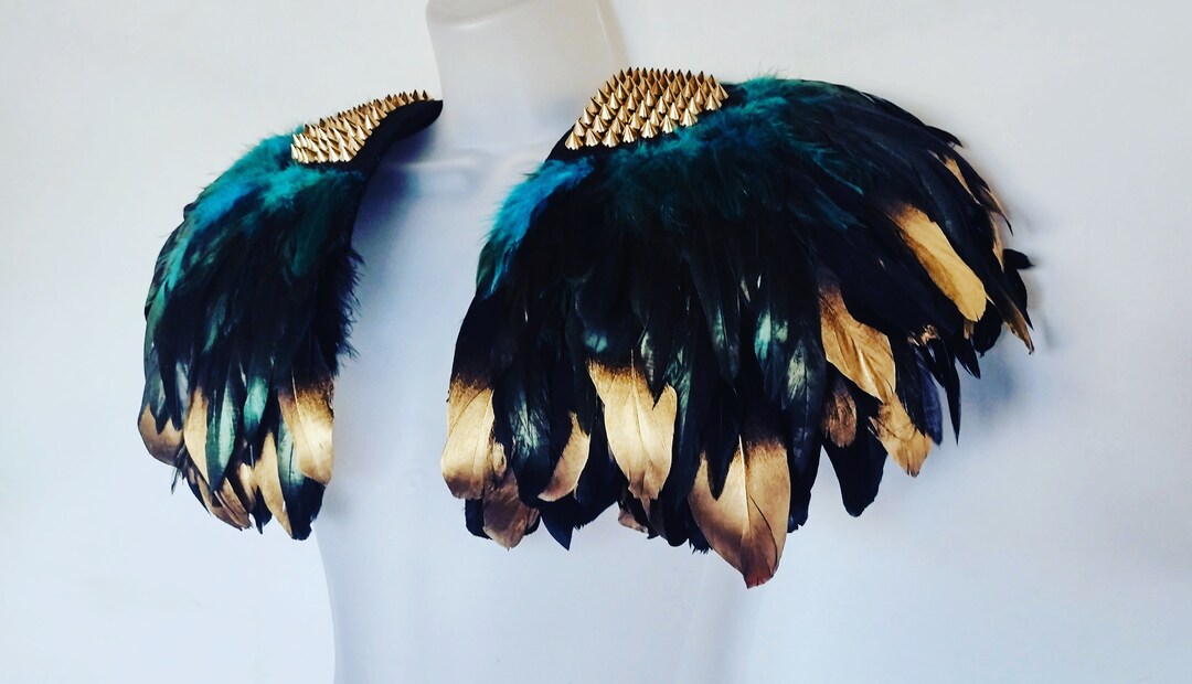 Gold Feather Festival Epaulettes Black Teal Studded Spike Shoulder ...