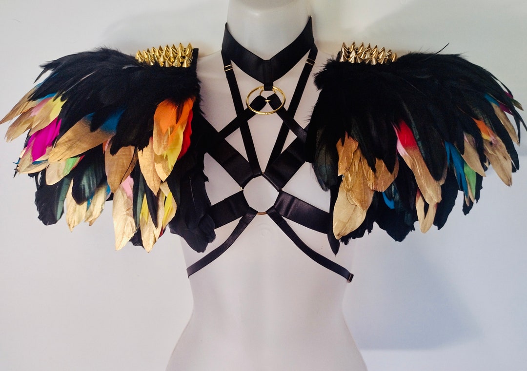 Pride Rainbow Epaulettes Gold Feather Wings Mardi Gras Carnival Costume ...