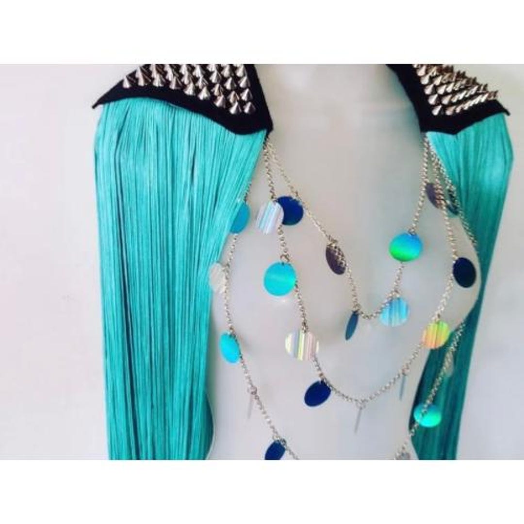 Fringed Festival Epaulettes 70s Boho Hippie Light Green Cosplay Harness ...