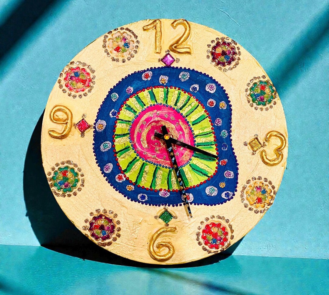 Round Clock, Mandalas - Scheherazade - Vanilla and Multicolored, Pearls ...