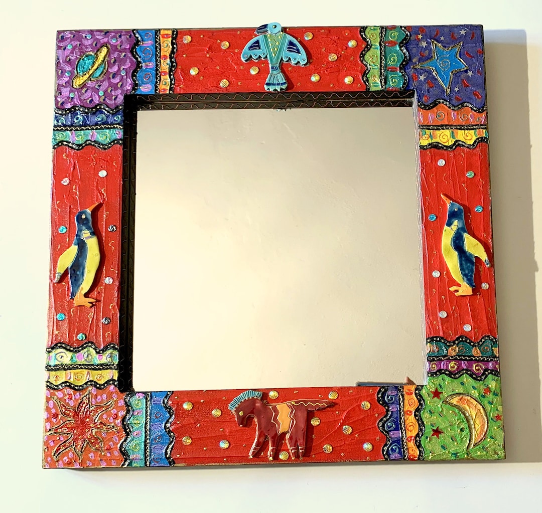 Ceramic Multicolored Painted Wall Mirror sun Moon and Penguins Ceramic ...