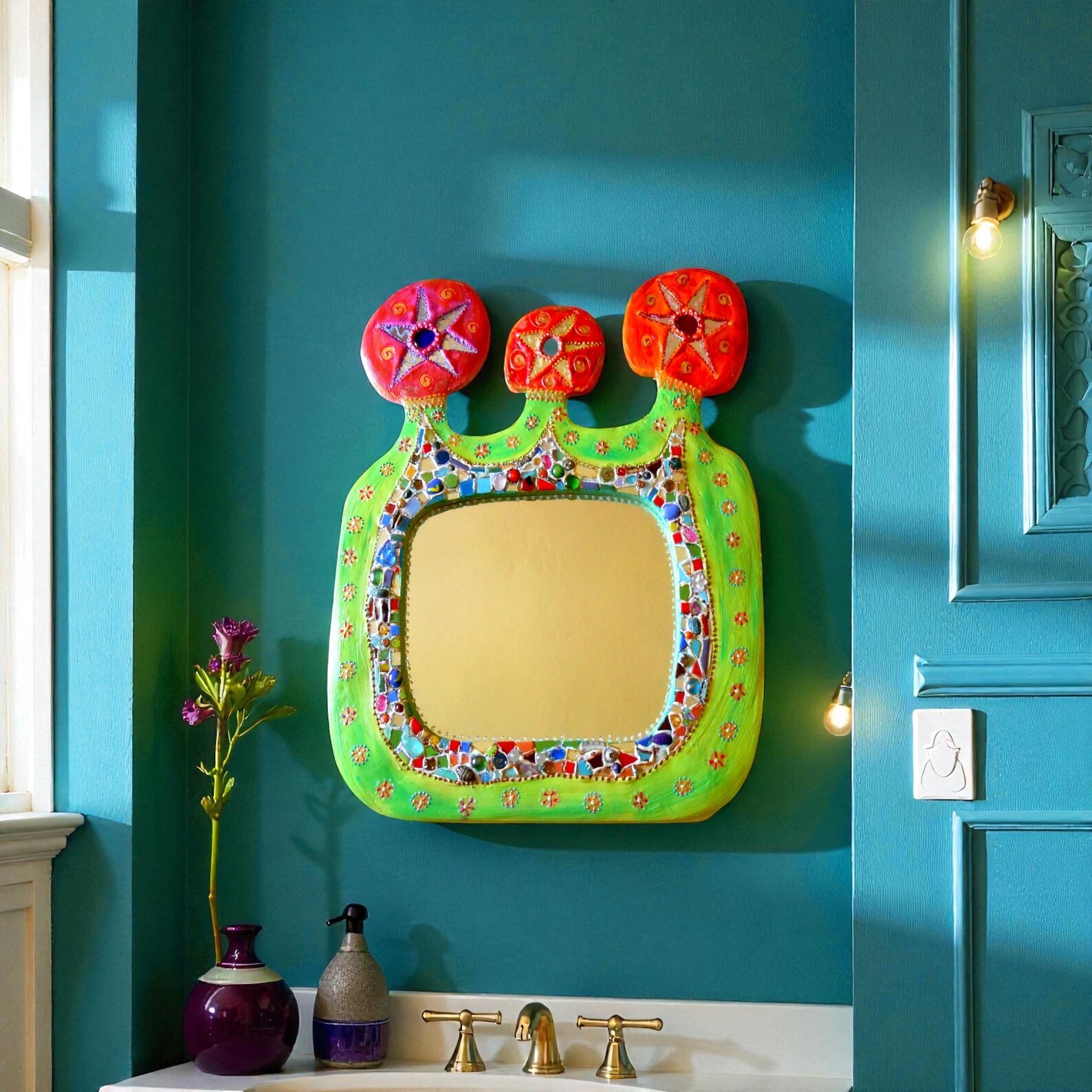 Colorful Mirror With a Unique Design, Featuring Paint and Pearl Mosaic ...
