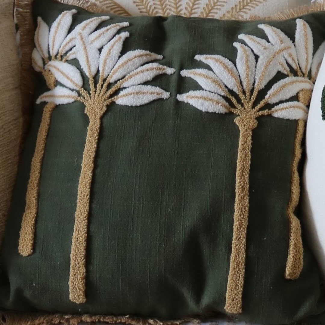 Green Pillow Case With Palm Trees Embroidery - Etsy