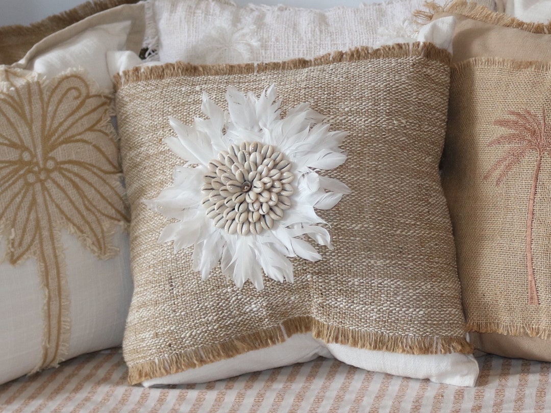 Jodie Pillow Case With Feather and Shell Beads Embroidery - Etsy