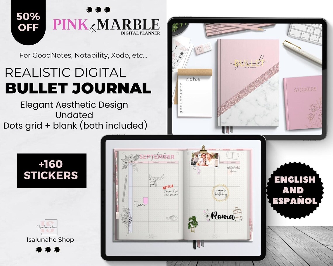 Undated Digital Planner, Realistic Digital Bullet Journal, Planner for ...