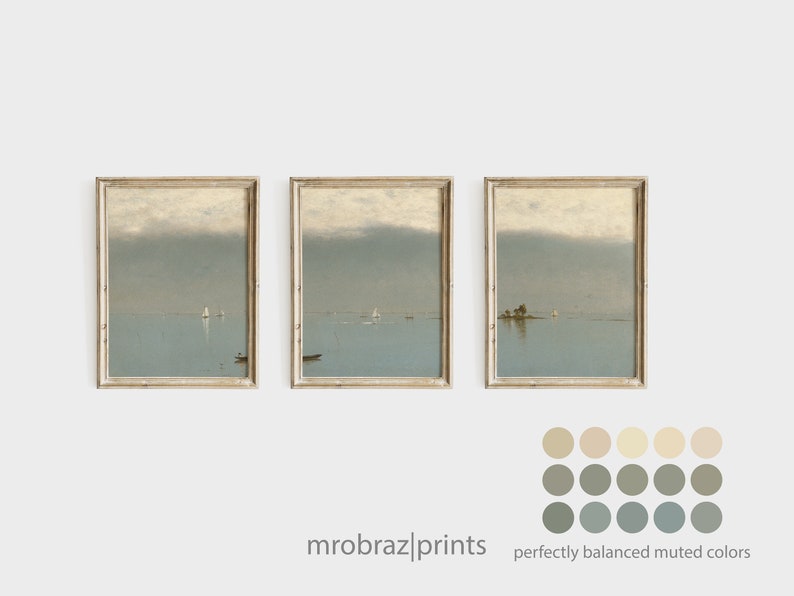 Vintage Coastal Landscape Triptych Print Set of 3 Oil Paintings, French ...