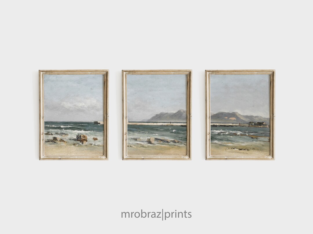 Vintage Coastal Landscape Triptych Print Set of 3 Oil Paintings, French ...