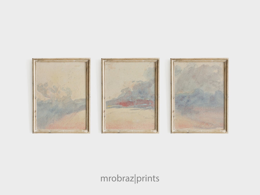 Cloudy Sky Triptych Print Set of 3 Watercolour Paintings, Vintage ...