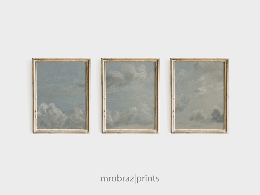 Vintage Cloud Triptych Print Set of 3 Oil Paintings, French Nursery 3 ...