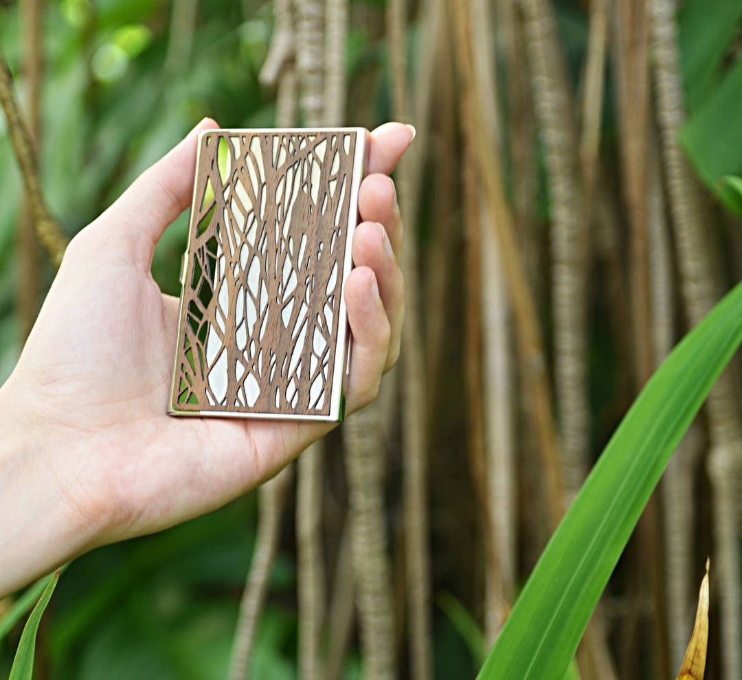 Wood Business Card Case: Laser Cut Design, Stainless Steel Wallet - Etsy