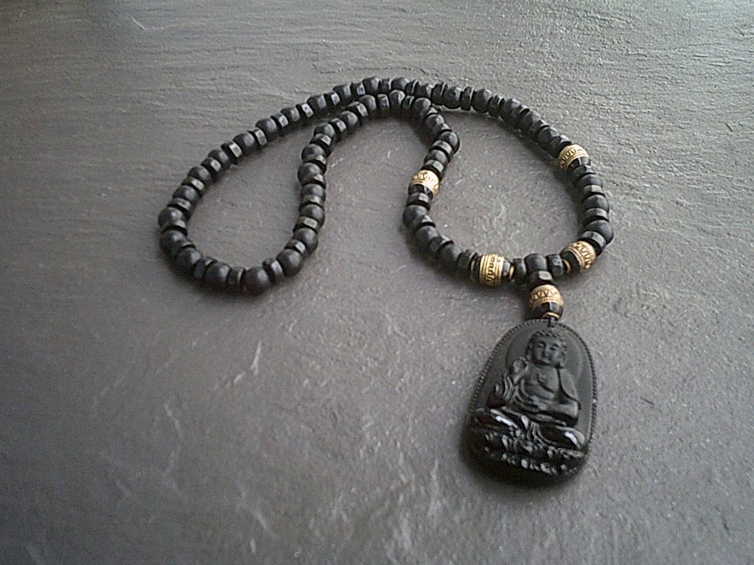 Black Obsidian Buddha Pendant Necklace, Wooden Jewelry, Surfer Buddhism ...