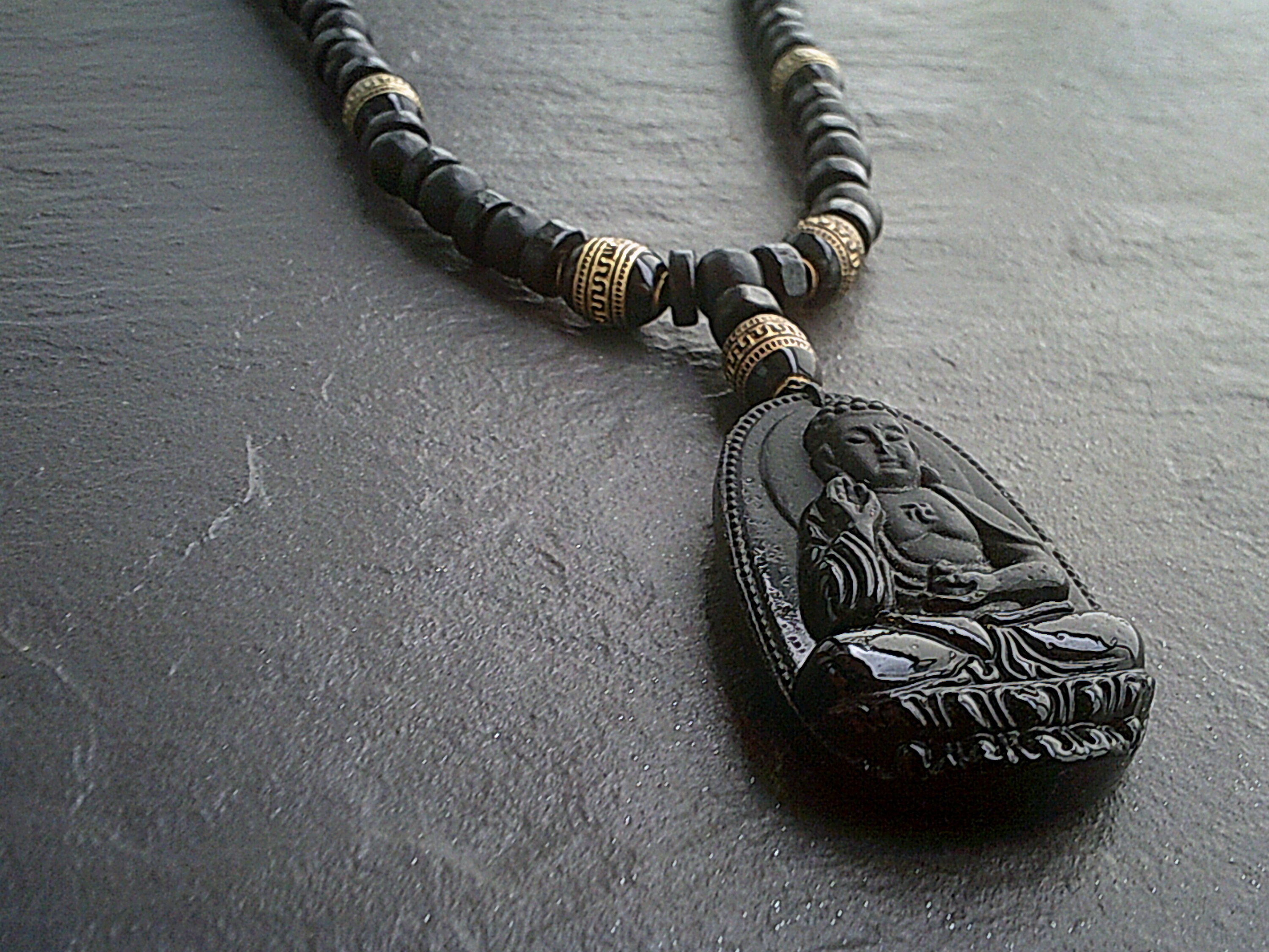 Black Obsidian Buddha Pendant Necklace Wooden Jewelry Surfer | Etsy