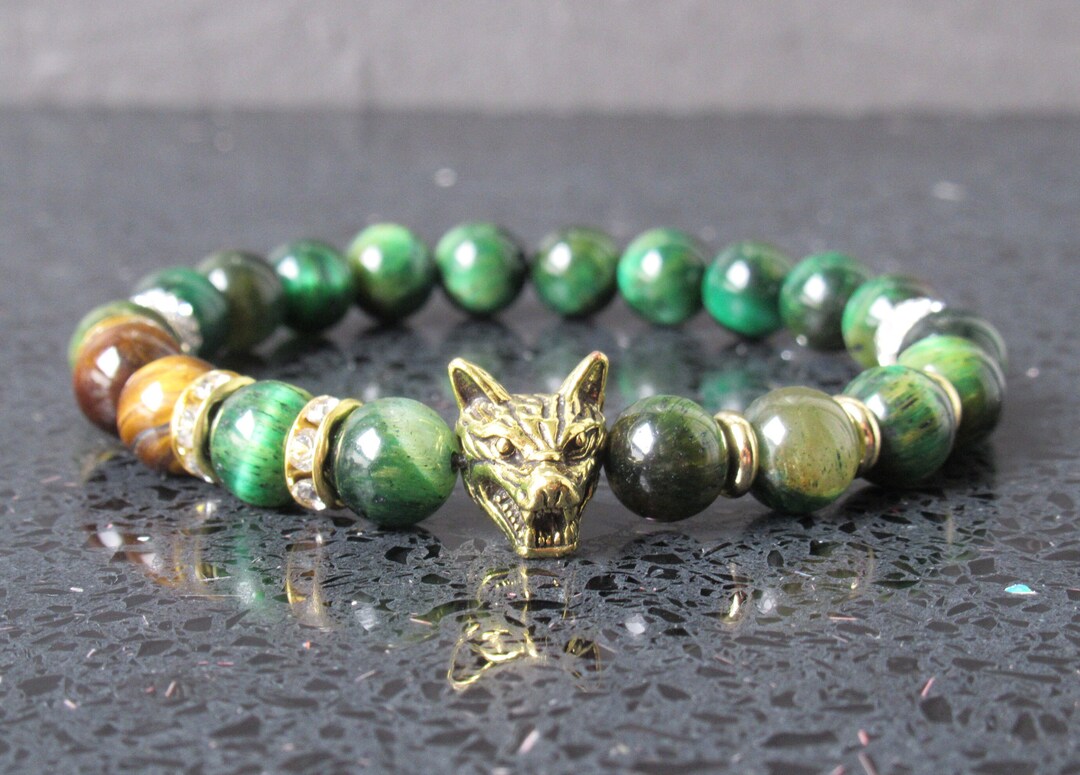 Green Tiger's Eye Stone Bracelet With Gold Wolf Head - Etsy