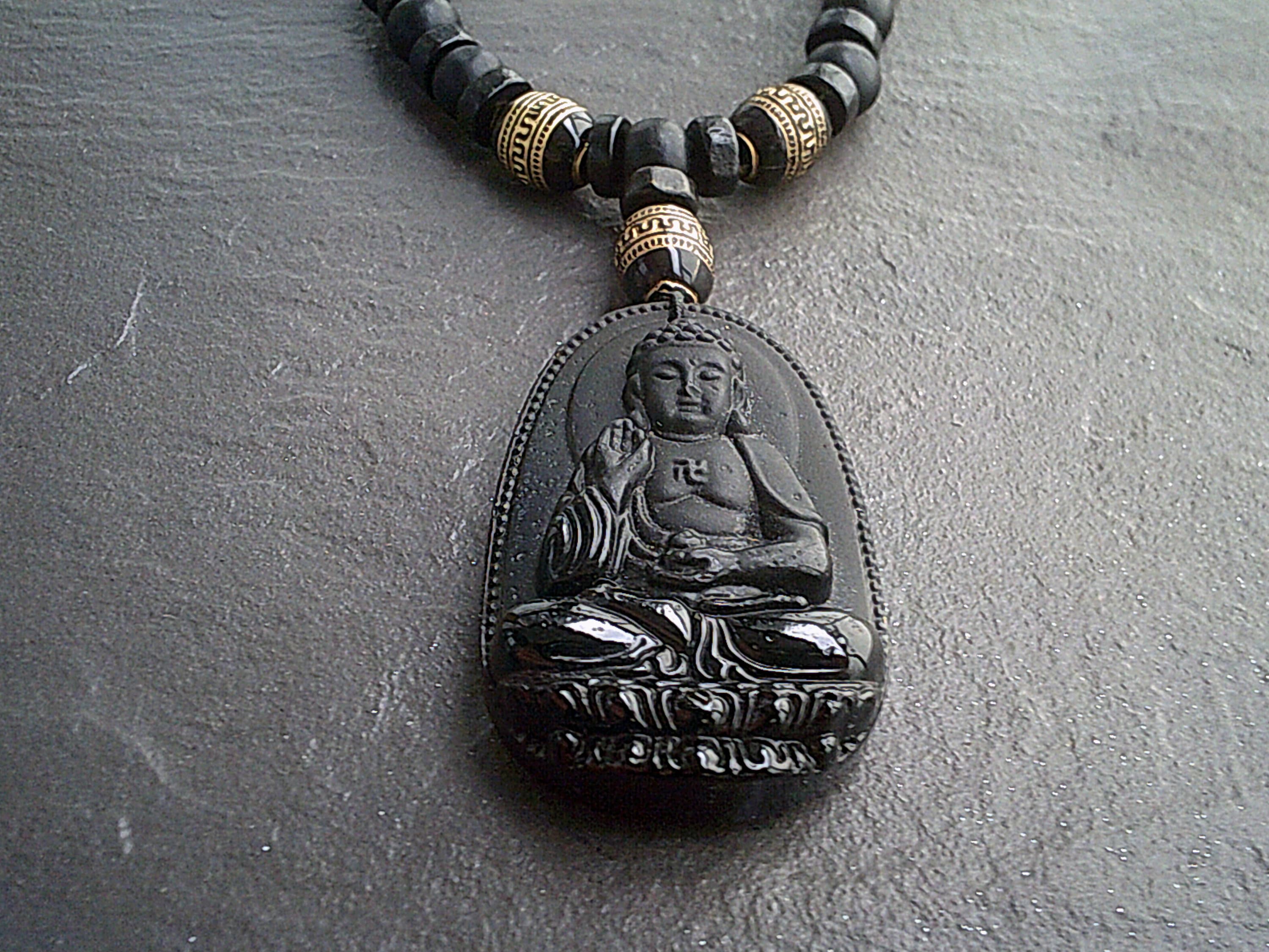 Black Obsidian Buddha Pendant Necklace Wooden Jewelry Surfer | Etsy