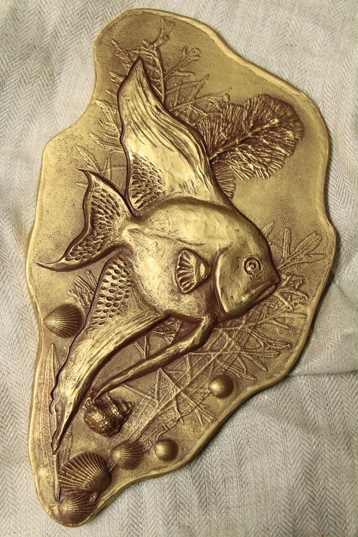 Wall Sculpture Bas Relief Angel Fish in Water Seashells and - Etsy Canada