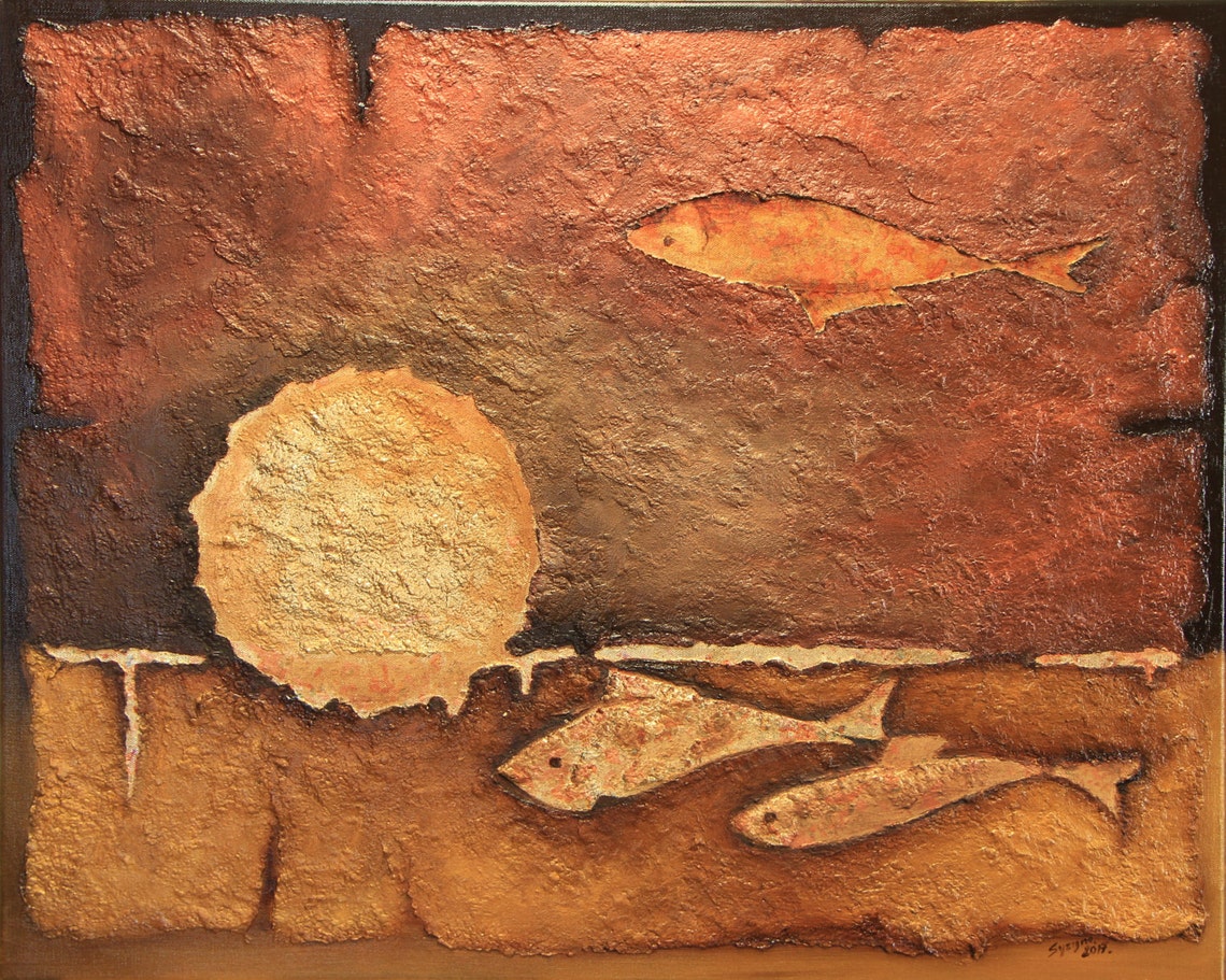 Sunset Landscape Textured Painting Original Oil Painting on Canvas Fish ...