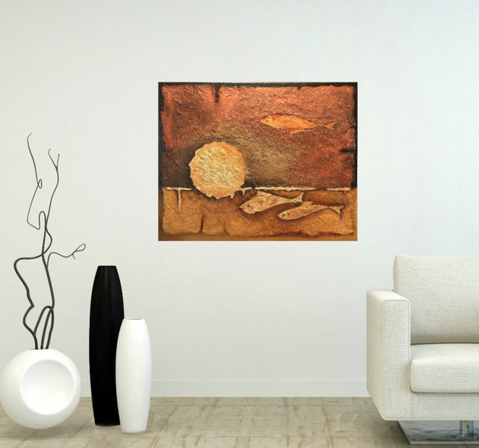 Sunset Landscape Textured Painting Original Oil Painting on Canvas Fish ...