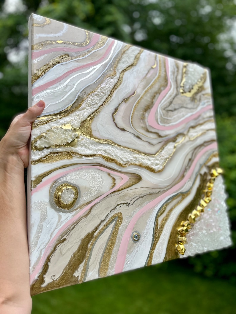 Gold White Blush Pink Geode Crystal Original Art - Etsy