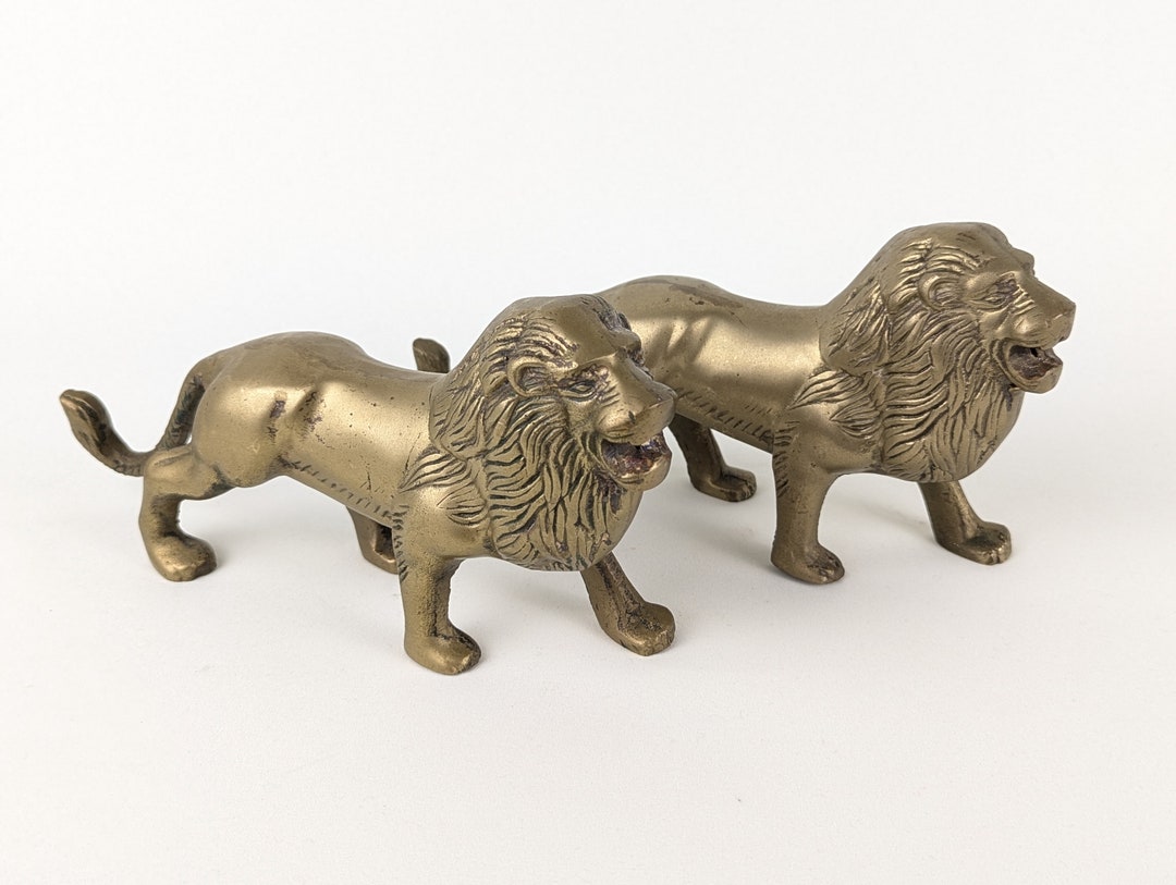 Lion Statues Pair Vintage Solid Brass Lion Figures, Each 8 Inches Long ...