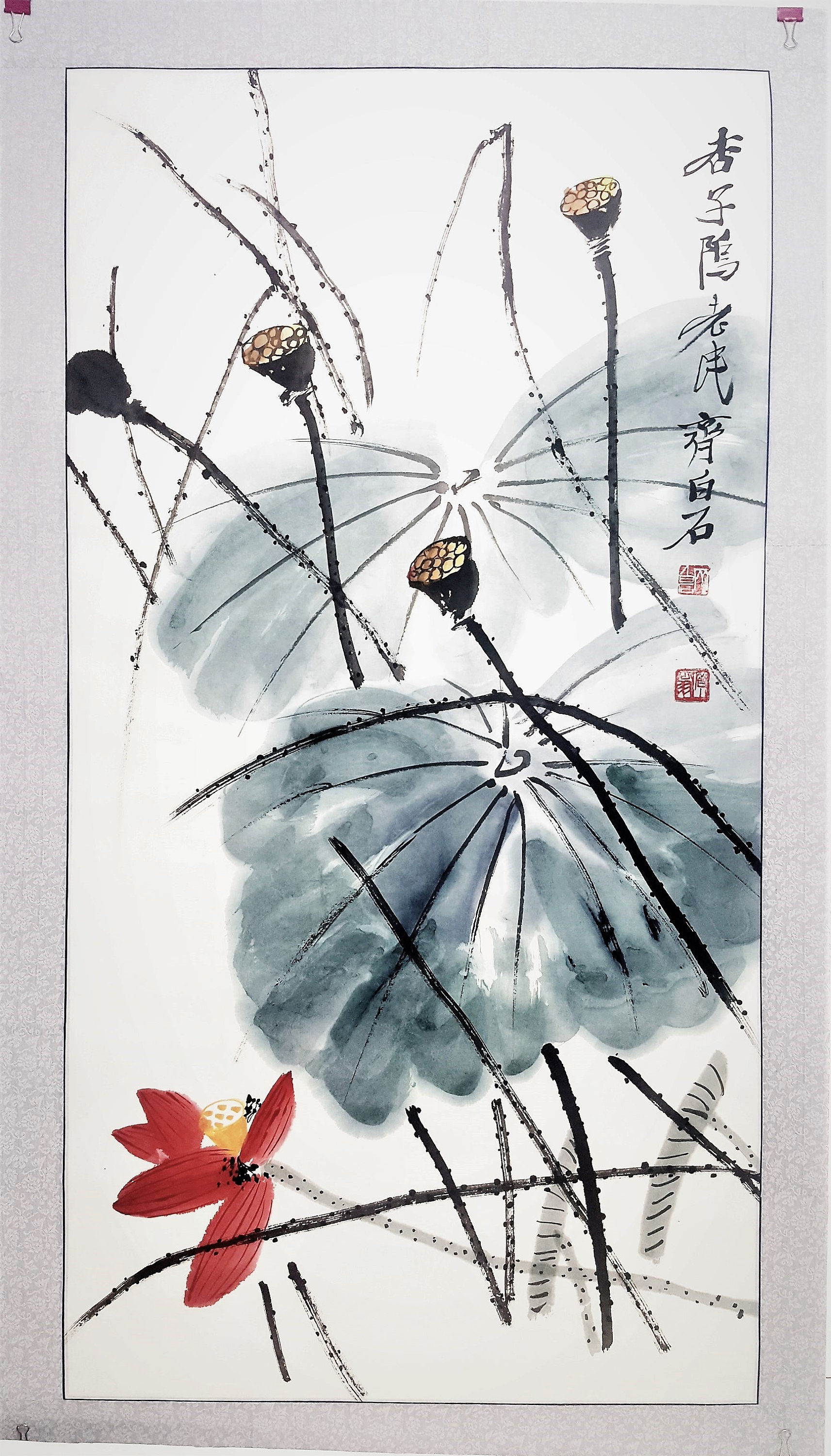 Chinese Ink Brush Painting Lotus Flower, Leaves and Pods in Style of ...